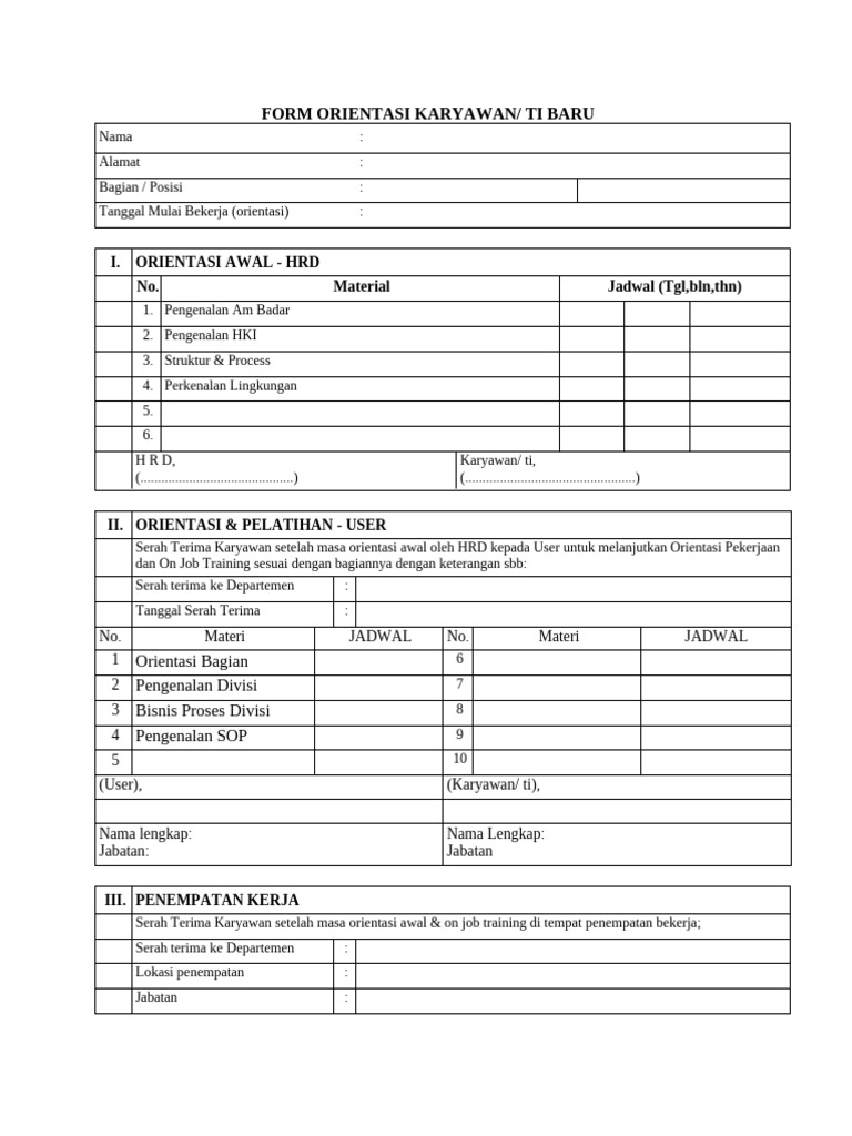 Form Orientasi Karyawan | PDF