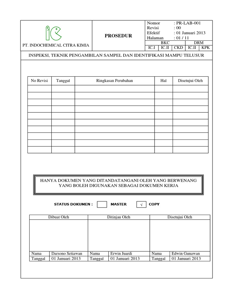 PR-LAB-001 Inspeksi, Teknik Pengambilan Sampel Dan Identifikasi Mampu Telusur ICK | PDF