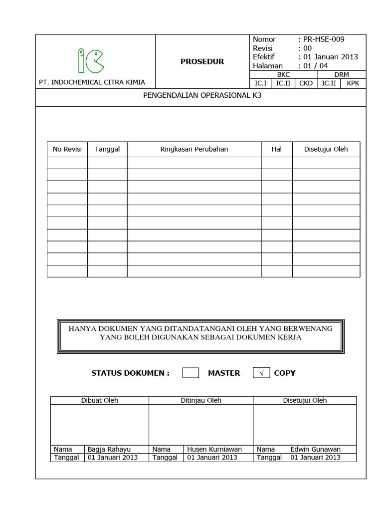 PR-HSE-009 Pengendalian Operasional K3 ICK | PDF