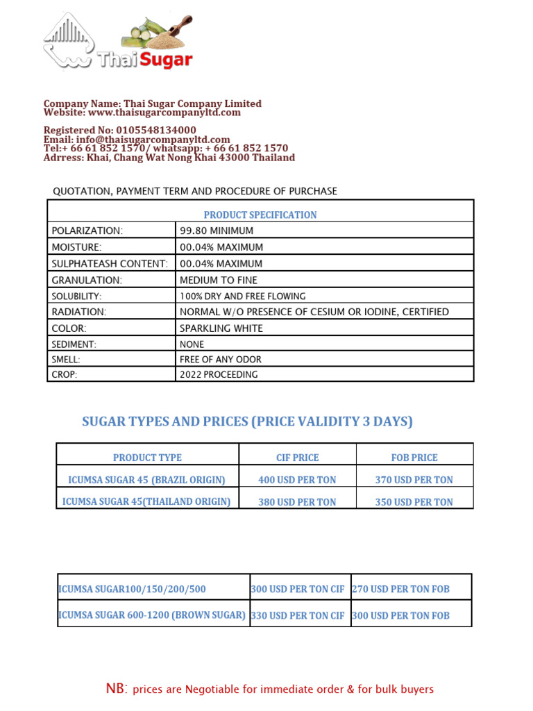 Thai Sugar Company Limited Quotation 2024 | PDF