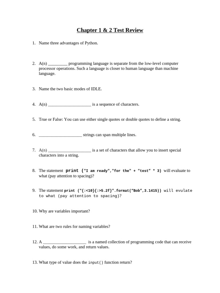 Chapter 1 and 2 Test Review | PDF