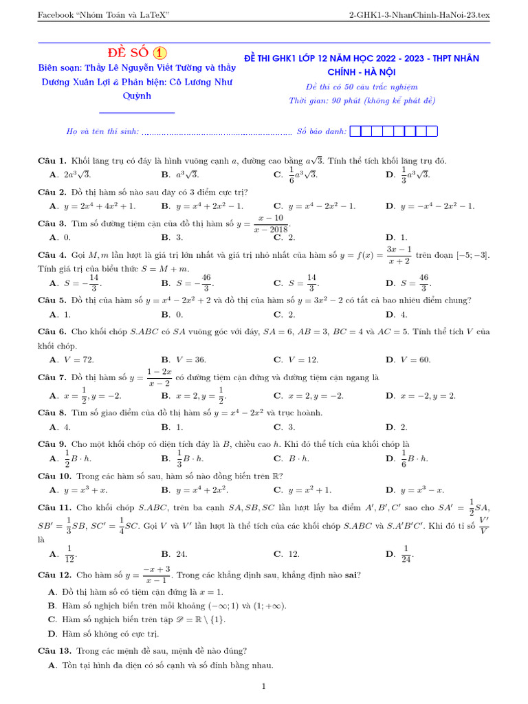 De Thi Toan 12 Mau | PDF