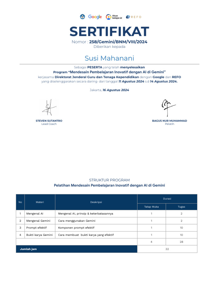 Sertifikat Gemini Susi Mahanani SMP Negeri 1 Randublatung | PDF