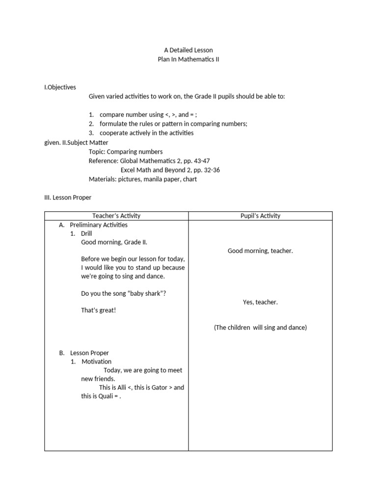 Mathematics Lesson Plan For Grade 2 | PDF | Teachers