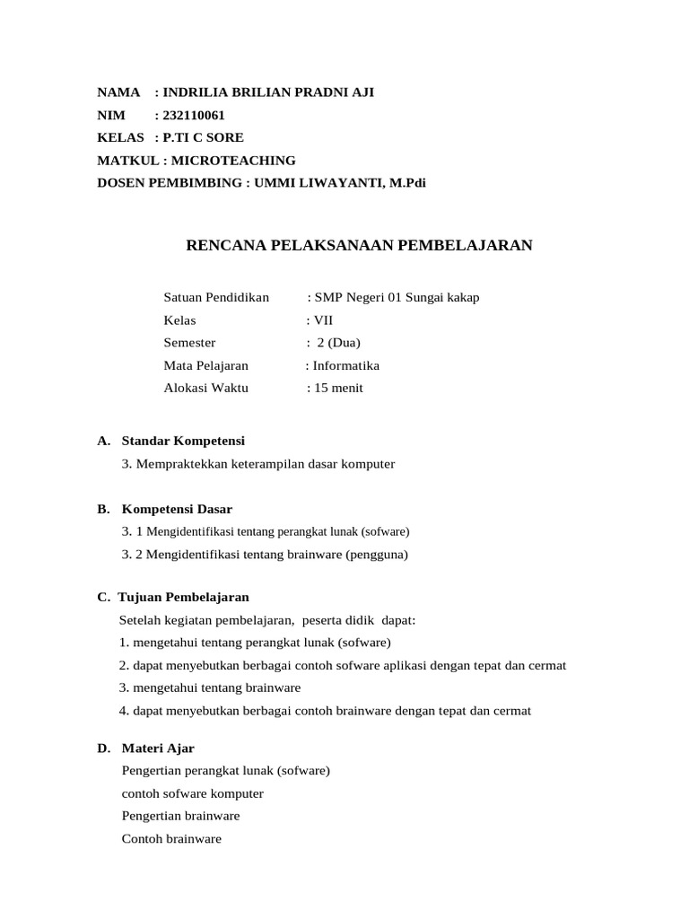 RPP (INFORMATIKA)_MICROTECHING TENTANG SOFWARE DAN BRAINWARE | PDF