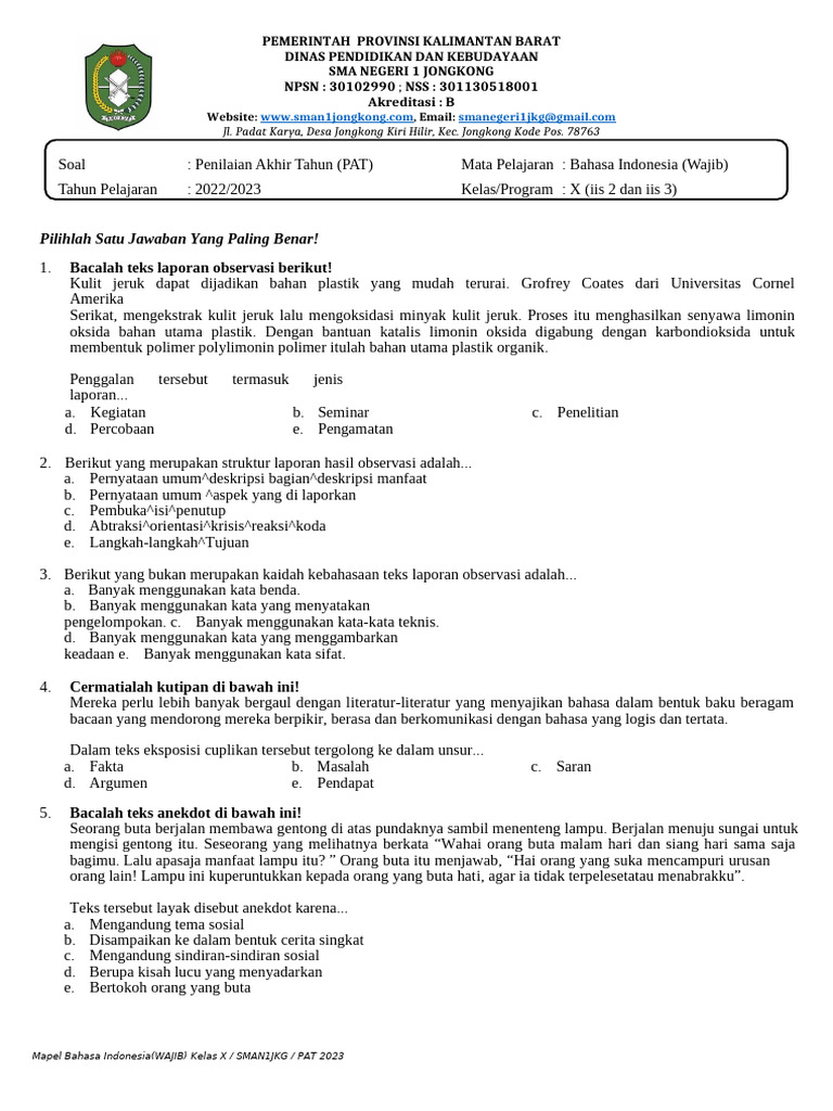 Soal Bahasa Indo Kelas X Iis 2 Dan Iis 3 | PDF