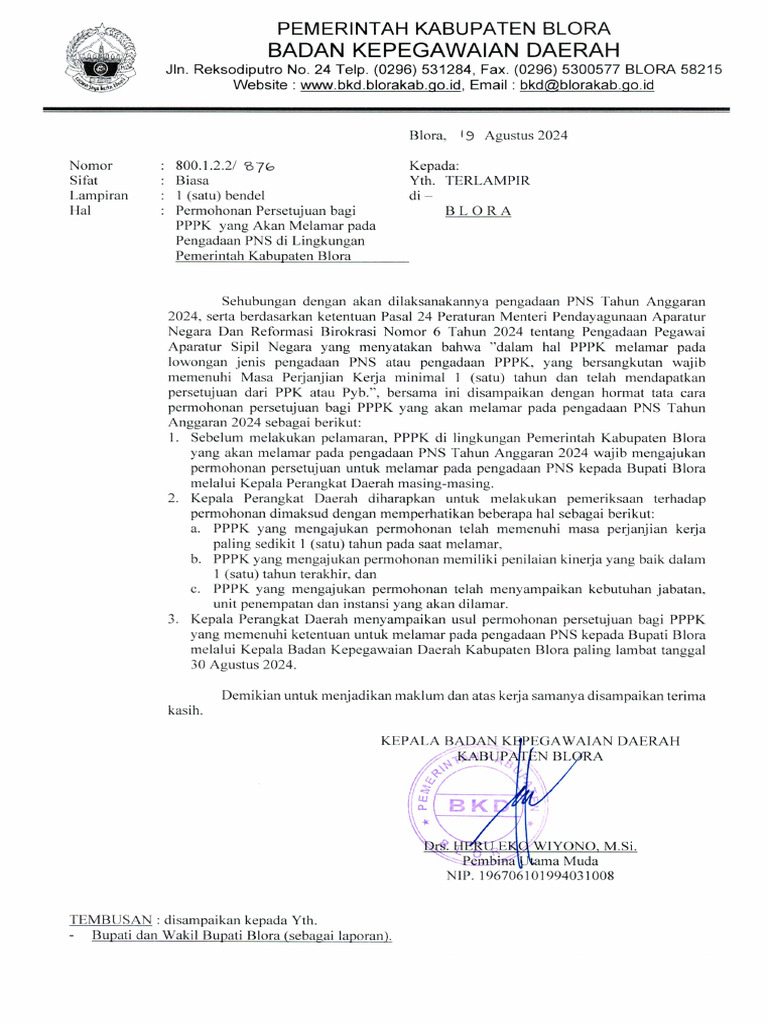 Surat Ka BKD - Permohonan Ijin PPPK Untuk Mendaftar CPNS | PDF