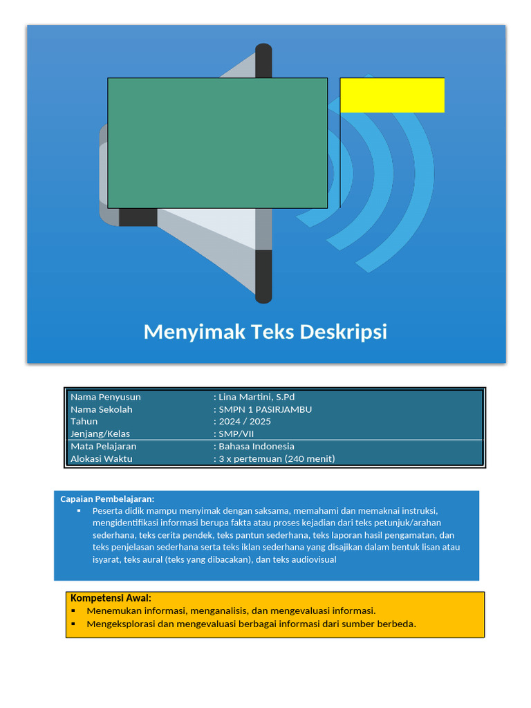 Modul Ajar BINDO Klas 7 Bab 1 Teks Deskripsi | PDF