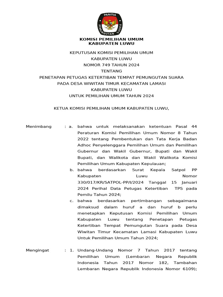 Draft SK Penetapan Pam TPS | PDF