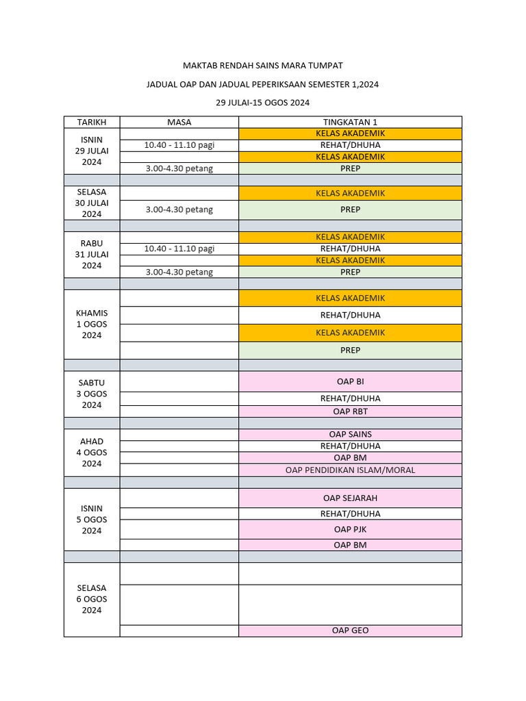 Jadual Oap Exam Sem 1 Form 1 2024 | PDF