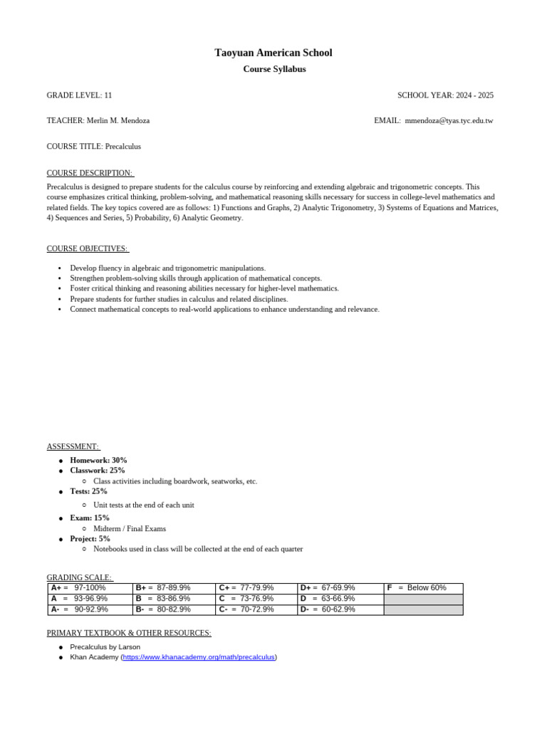 G11 Pre-Calculus Syllabus - Curriculum Map | PDF