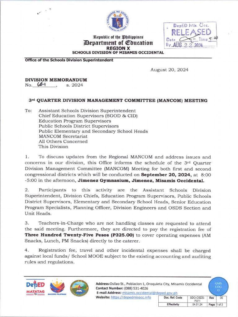 Dm. 664 S. 2024 3RD Quarter Division Management Committee Mancom ...