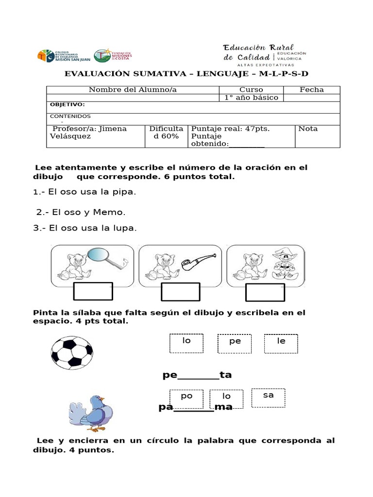 Evaluación Consonantes M-L-P-S-D | PDF