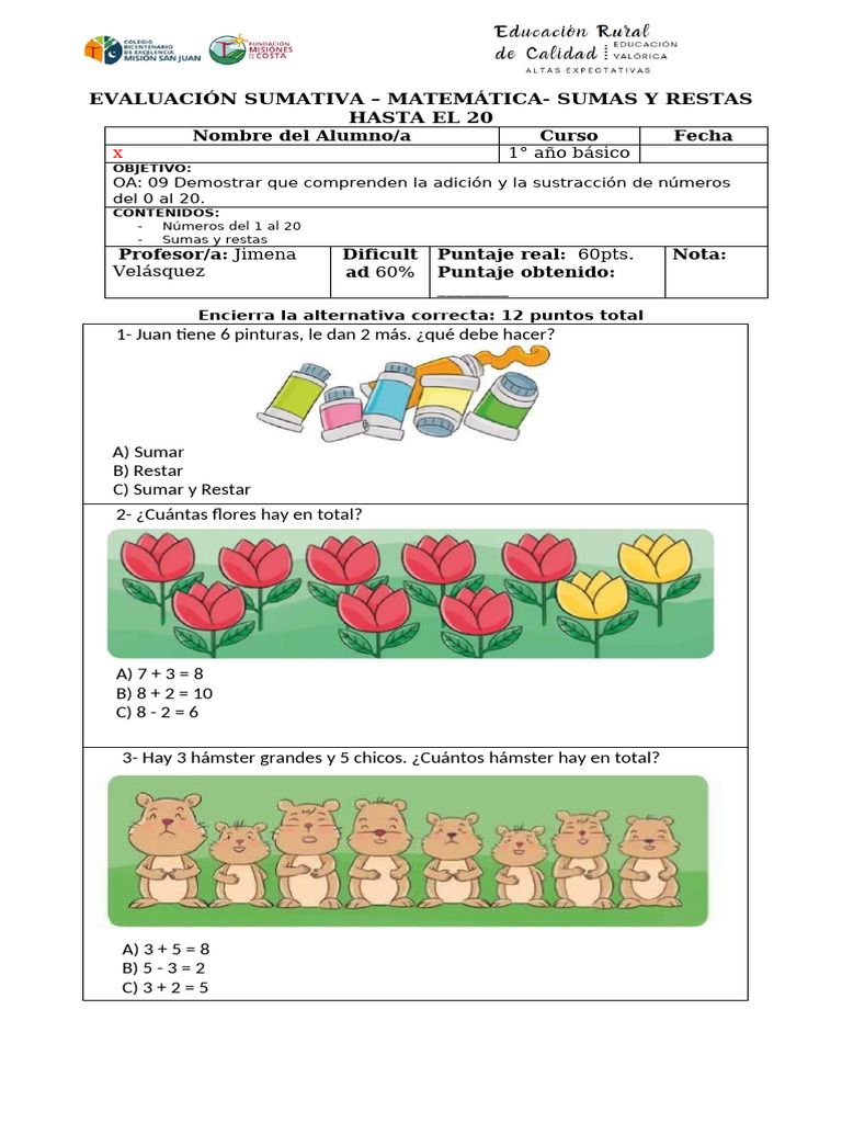 EVALUACIÓN MATEMÁTICA SUMAS Y RESTAS | PDF