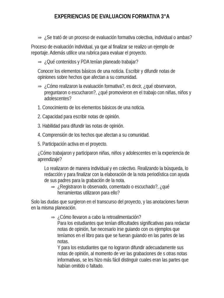 Experiencias de Evaluacion Formativa 3°a | PDF