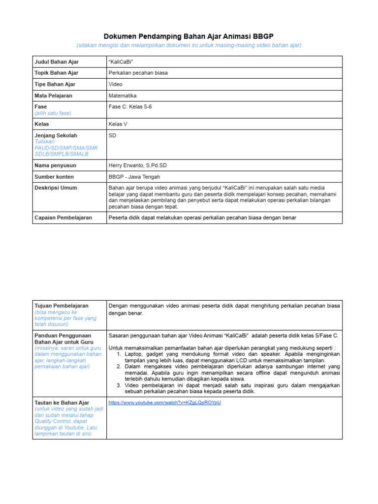 Dokumen Pendamping Video Bahan Ajar - Perkalian Pecahan Biasa | PDF