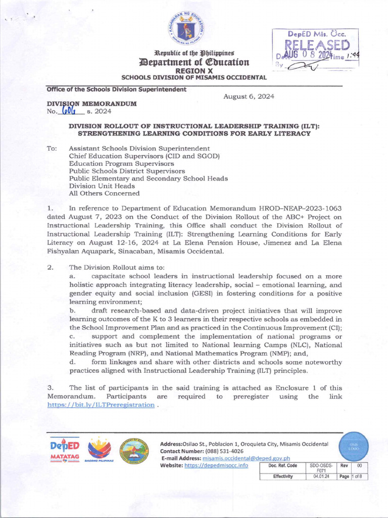 Dm. 606 S. 2024 Division Rollout of Instructional Leadership Training Ilt Strengthening Learning ...