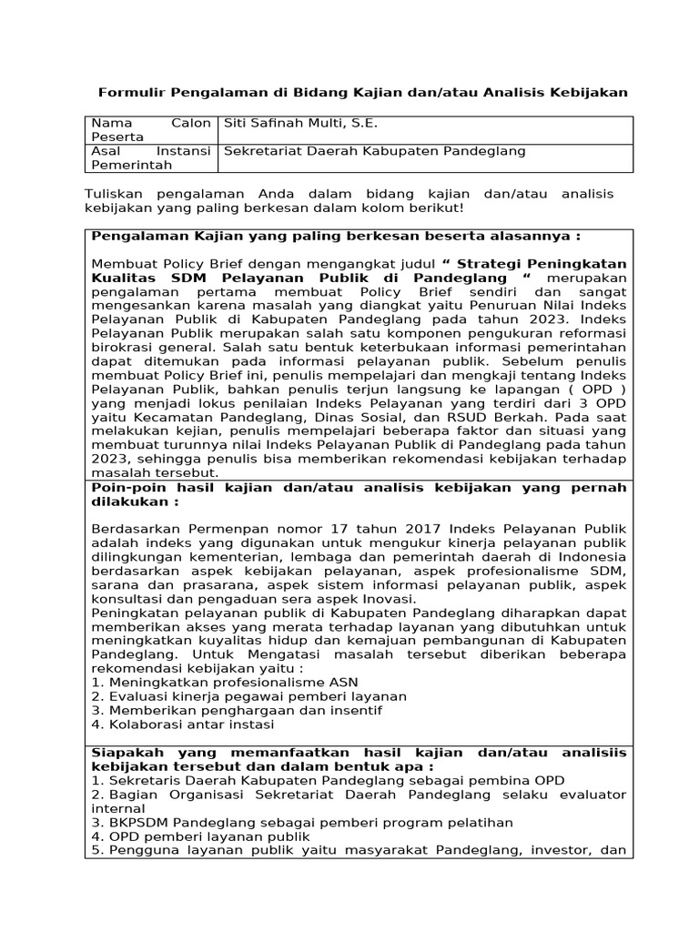 Formulir Pengalaman Kajian Dan Analisis Kebijakan | PDF Formulir Pengalaman Kajian Dan Analisis Kebijakan | PDF