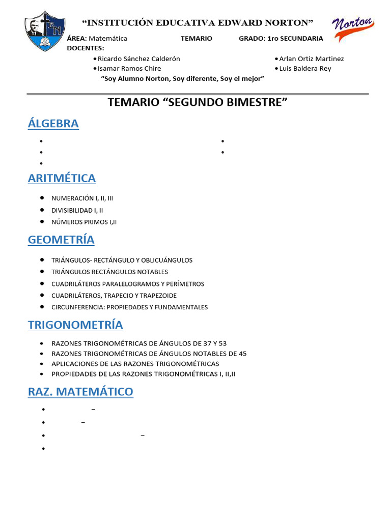 Temario 1ro Sec - Ii Bim | PDF