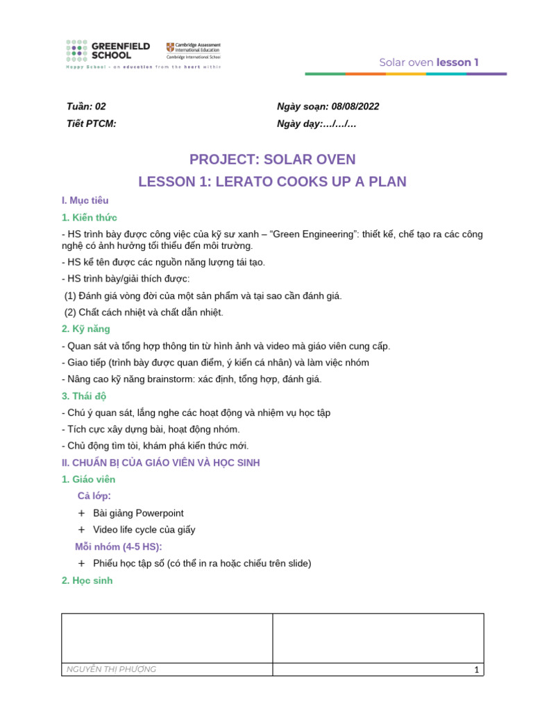 GF STEAM K07 Tiết 01-02 Solar Oven Lesson Plan | PDF