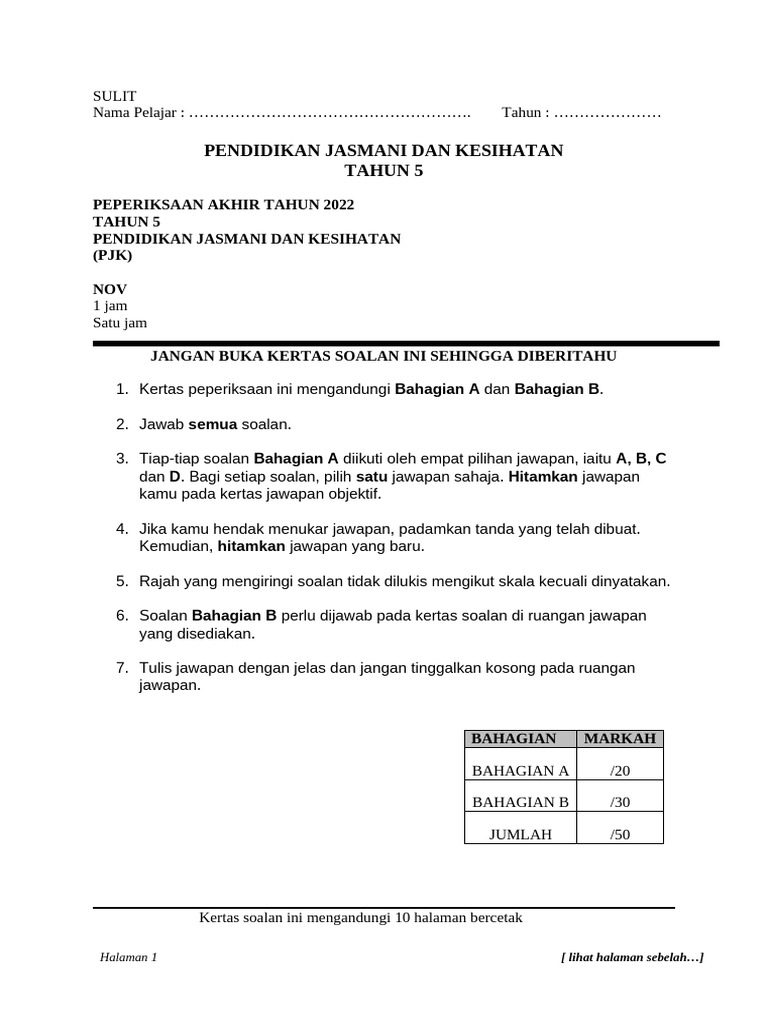 Exam PJPK Tahun 5 | PDF