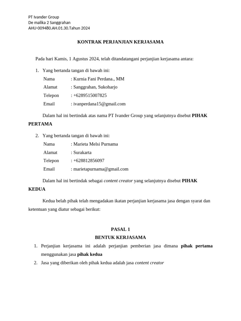Ivander Kontrak Kerjasama (Content Creator) | PDF