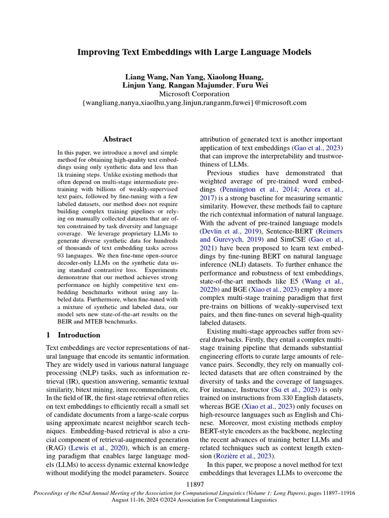 Improving Text Embeddings With Large Language Models | PDF
