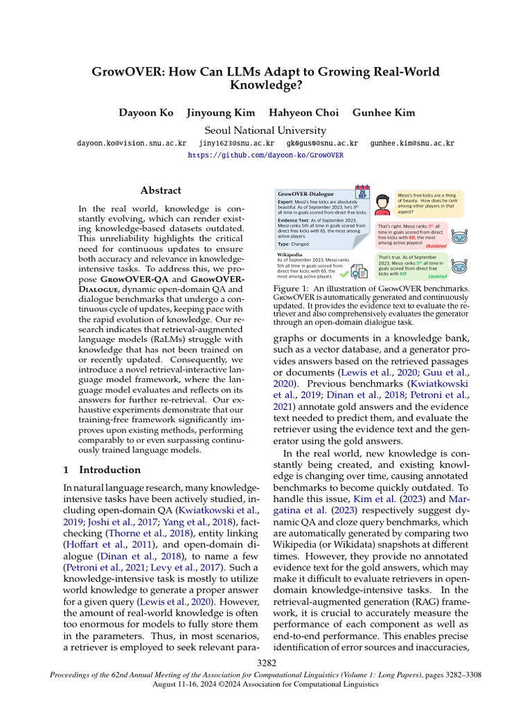GrowOVER - How Can LLMs Adapt To Growing Real-World Knowledge | PDF ...
