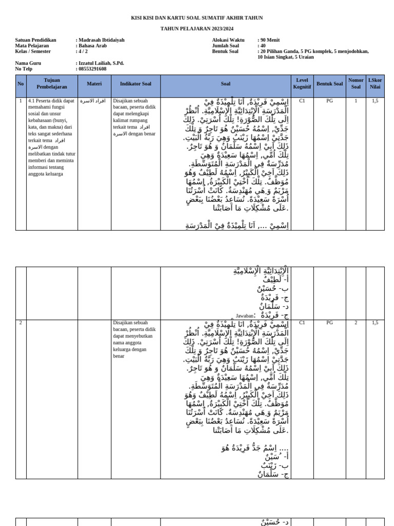Kisi-Kisi SAS Bahasa Arab Kelas 4 | PDF