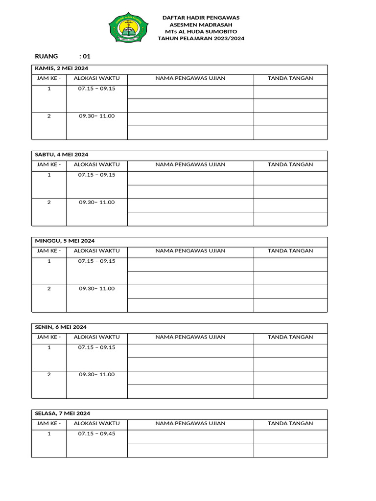Daftar Hadir Pengawas Ujian | PDF