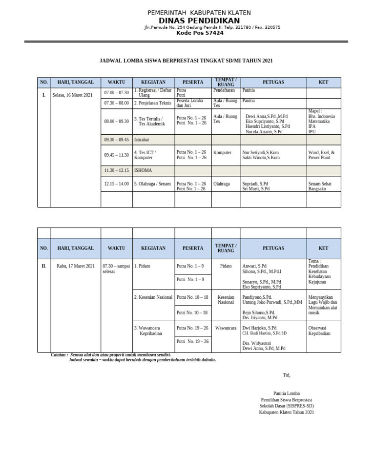 Jadwal Lomba Sispres SD 2021 | PDF