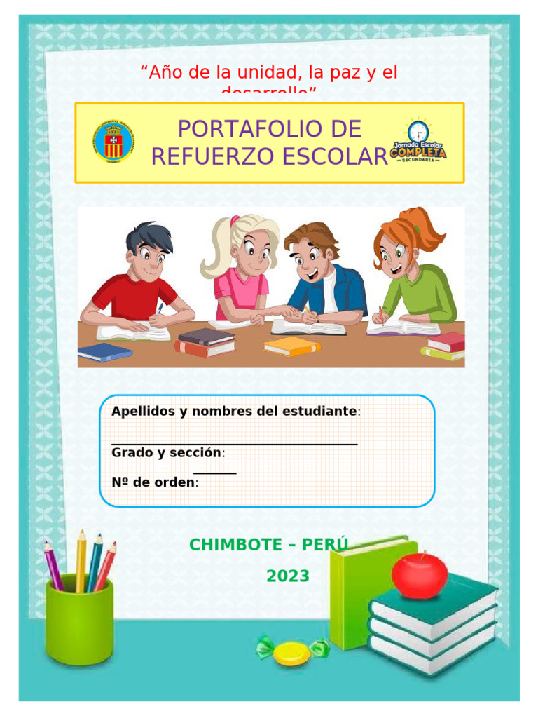 Portafolio de Refuerzo Escolar 2023 - Portada y Carátula | PDF