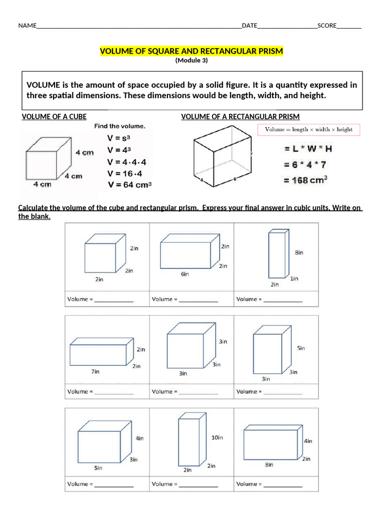 Volume of Square and Rectangular Prism | PDF