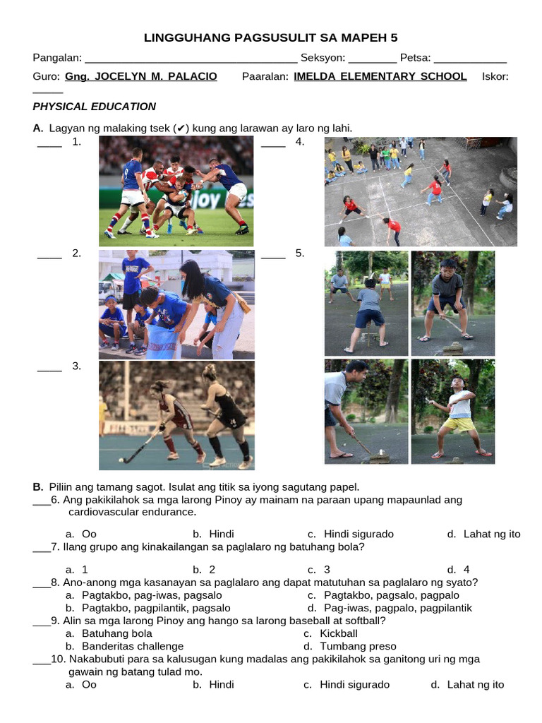 Lingguhang Pagsusulit Sa Mapeh 5 Pe Arts | PDF