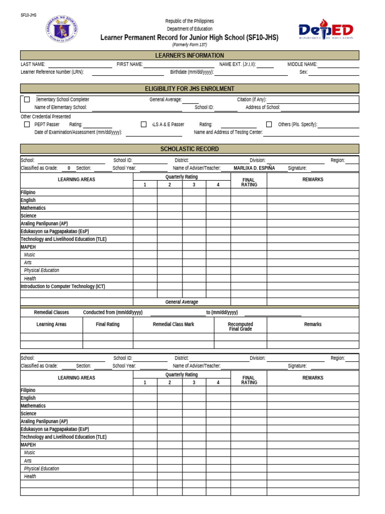 Form 137 Jhs Format | PDF