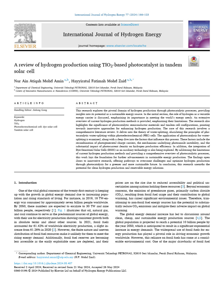 A Review Of Hydrogen Production Using Tio2 Based Photocatalyst In Tandem Pdf