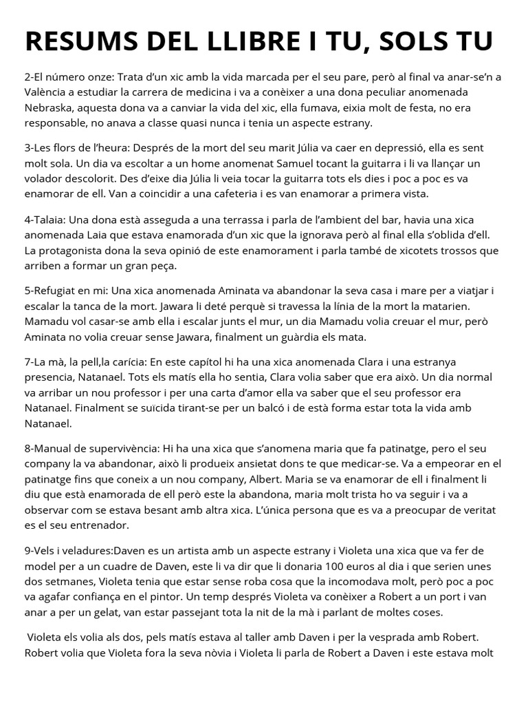 Resums Del Llibre I Tu, Sols Tu | PDF