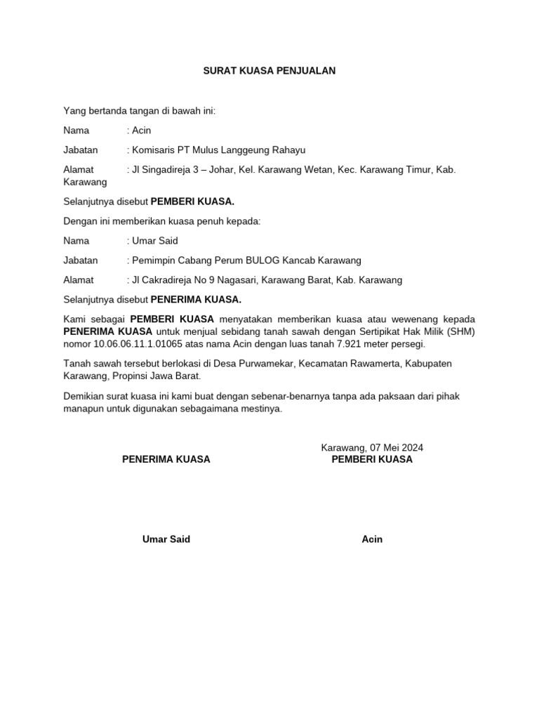 Surat Kuasa Penjualan | PDF