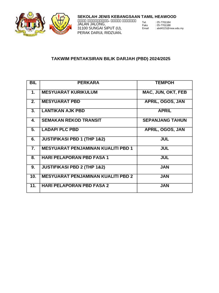 TAKWIM PENTAKSIRAN BILIK DARJAH | PDF