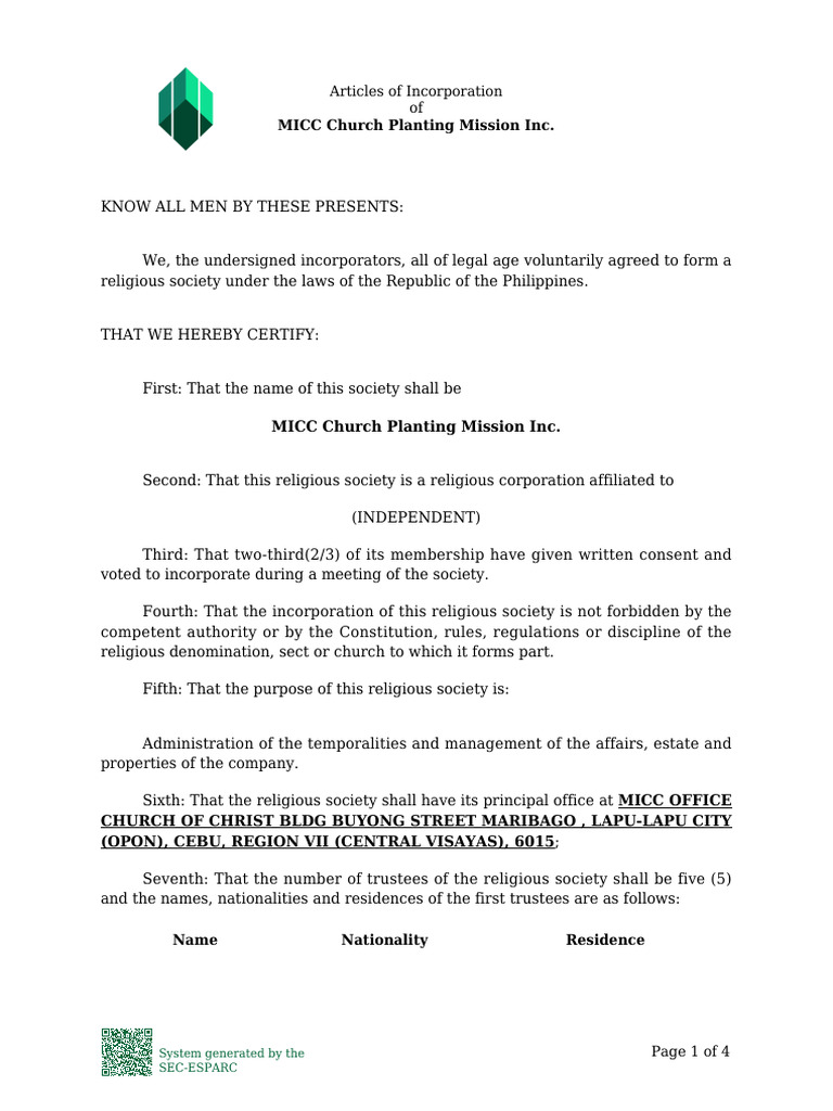 Articles of Incorporation for MICC Inc. | PDF | Justice | Crime & Violence