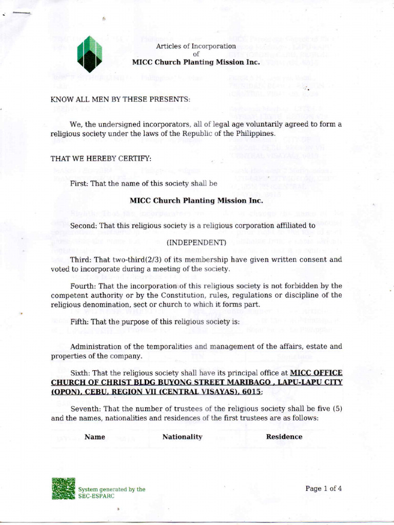 MICC Articles of Incorporation | PDF