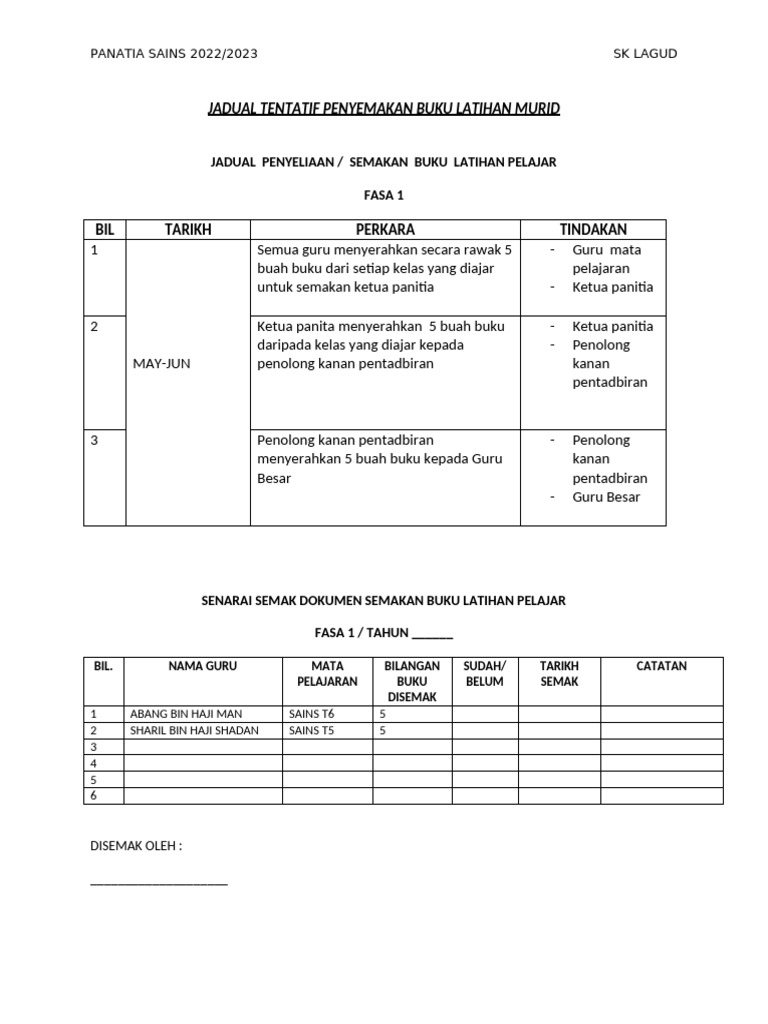 Jadual Semakan Buku Latihan Murid | PDF