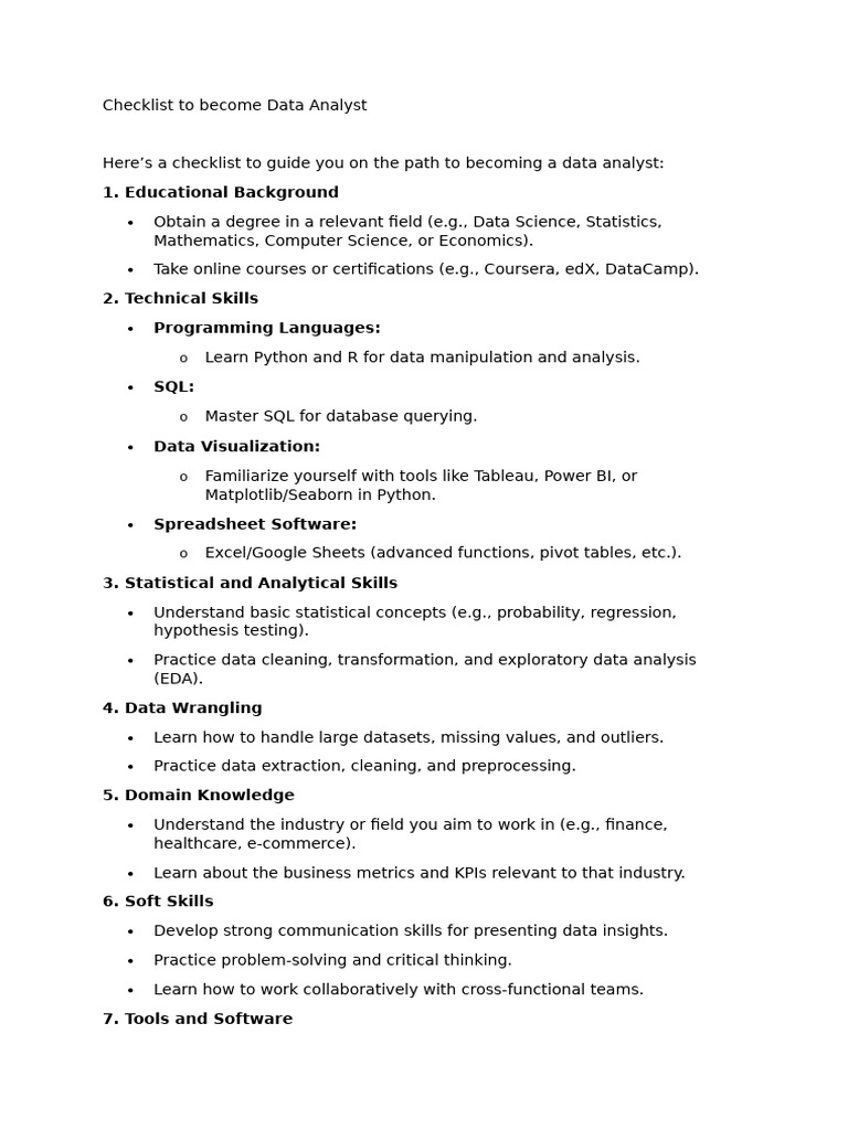 Checklist To Become Data Analyst | PDF