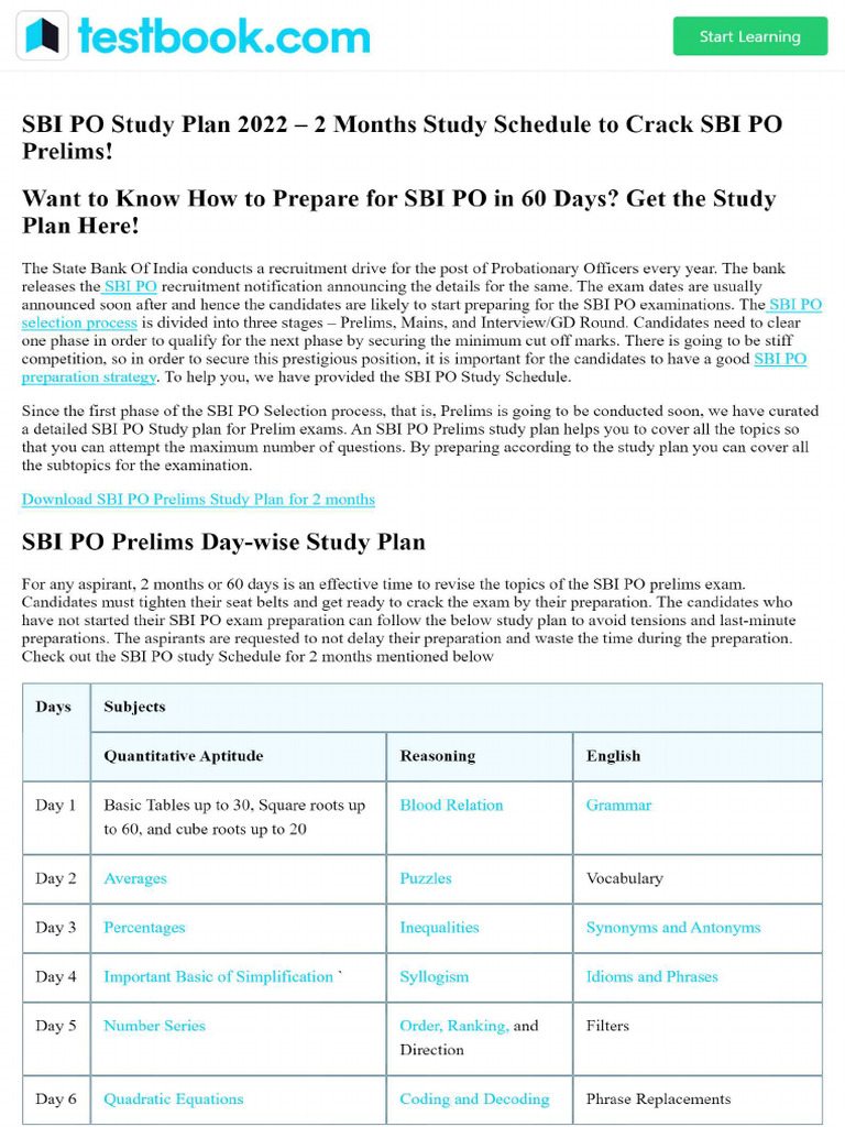 SBI PO Study Plan 2022 - 2 Months Study Schedule To Crack SBI PO ...