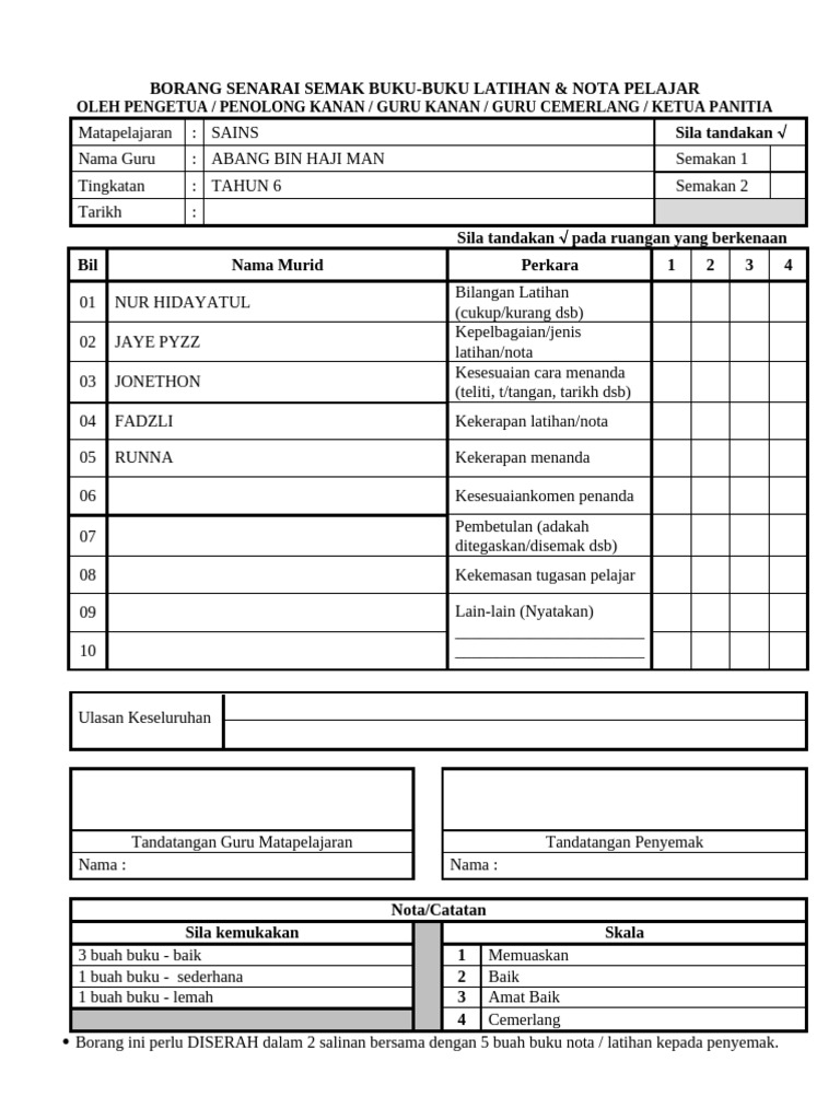Senarai Semak Buku Latihan Dan Nota Pelajar 2 | PDF