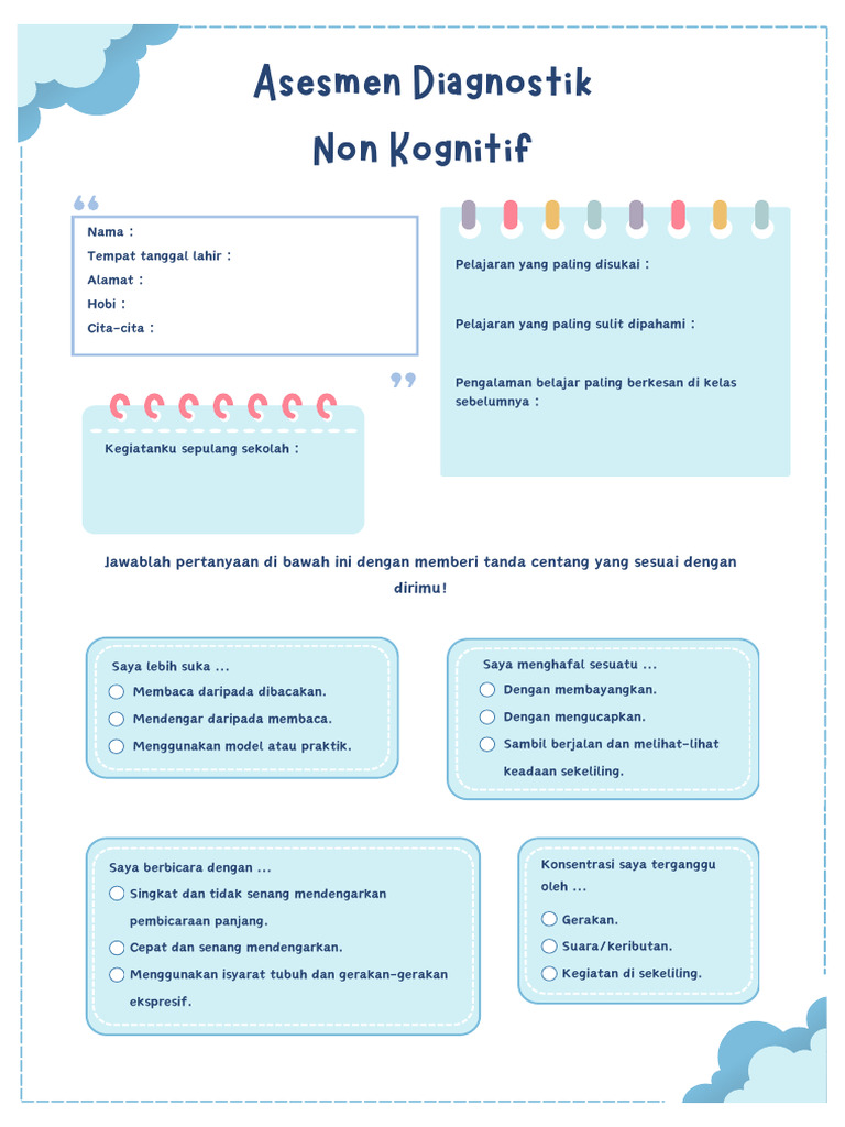 Asesmen Diagnostik Non Kognitif Lembar Kerja Prapembelajaran SMP SMA Biru Pastel Ilustratif | PDF