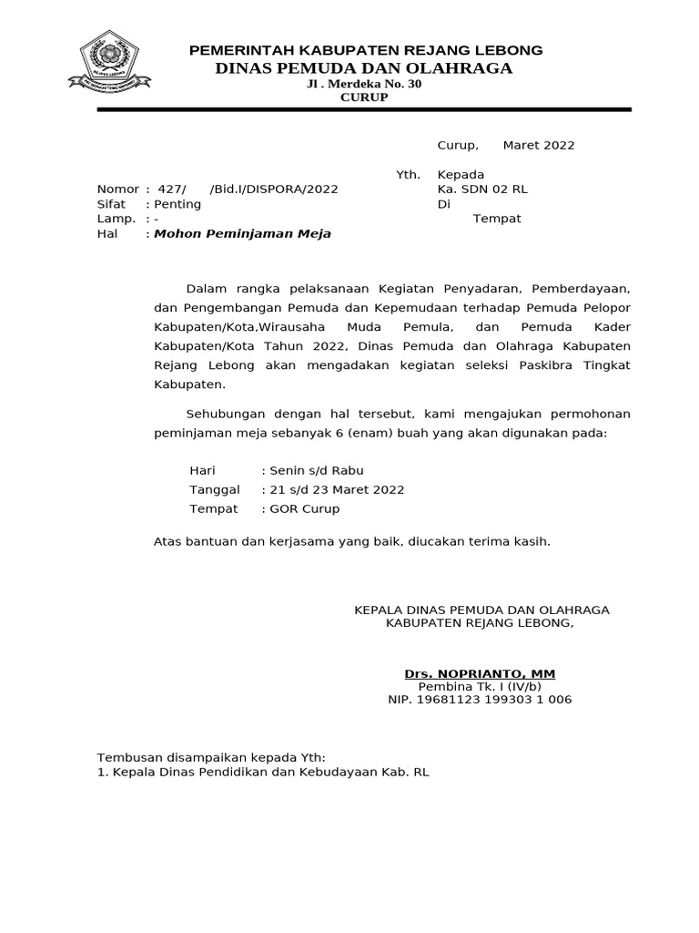 SURAT PEMINJAMAN MEJA | PDF