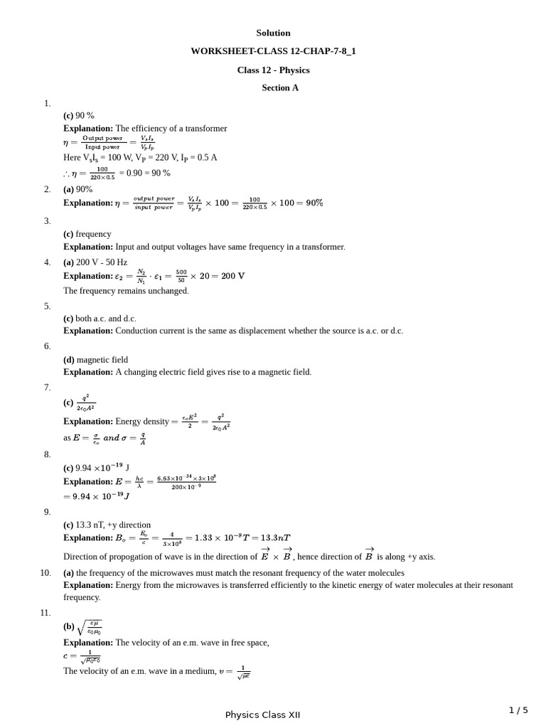 Worksheet Class 12 Chap 7 8 1 Solutions(1) | PDF