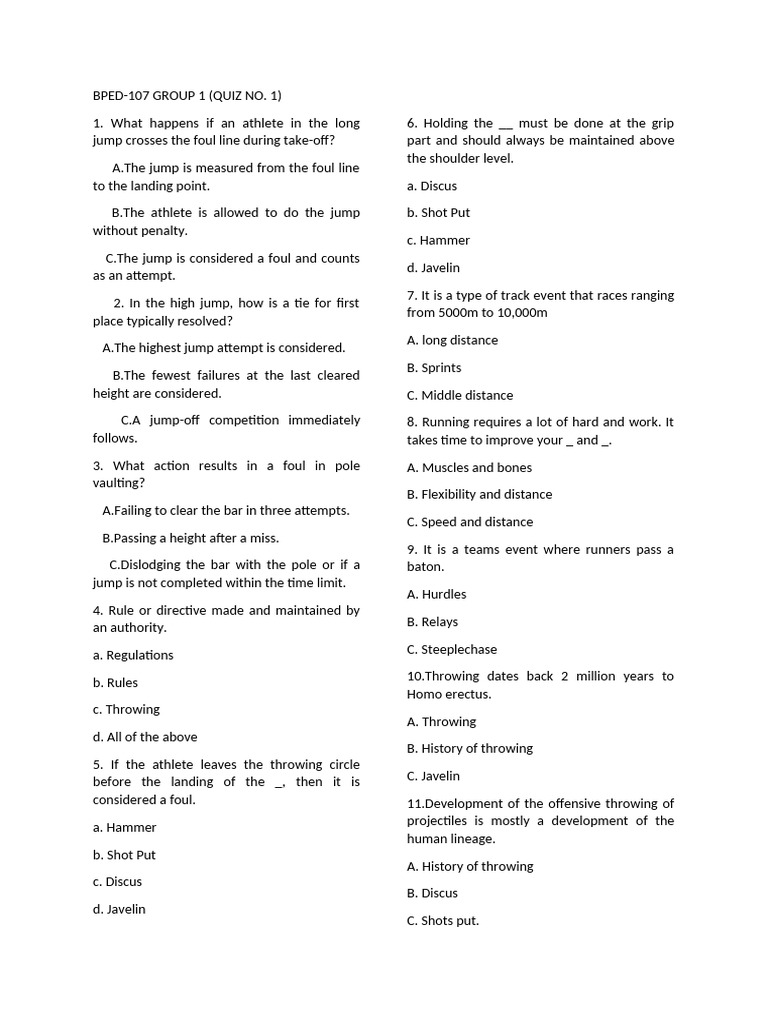 Bped 107 Group 1 Quiz No. 1 | PDF