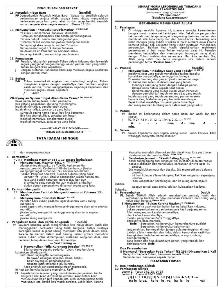 Liturgi - 2 - 25 Agustus 2024 | PDF